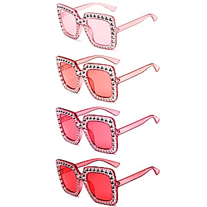 Pibupibu 4 Pack Red Pink Bling Crystal Sunglasses Oversized Square Glitter Rhinestone Sunglasses for Women Party Favors