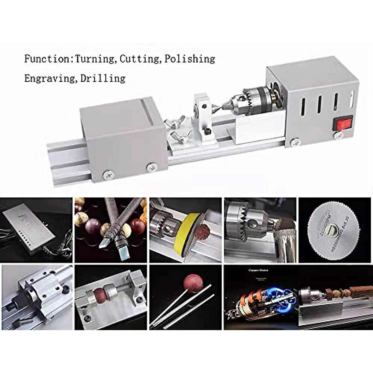 Professional mini Lathe Machine, Lathe Tools Woodworking Machine, Lathe Beads Polisher, CNC DIY Woodworking Wood Lathe Machine (Silver)