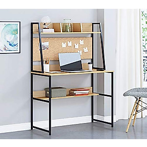 Spirich-Home Office Desk with Storage Shelf,Study Desk with Hutch for Small Spaces,Office Desk with Cork Bulletin Board,Wood,Walnut