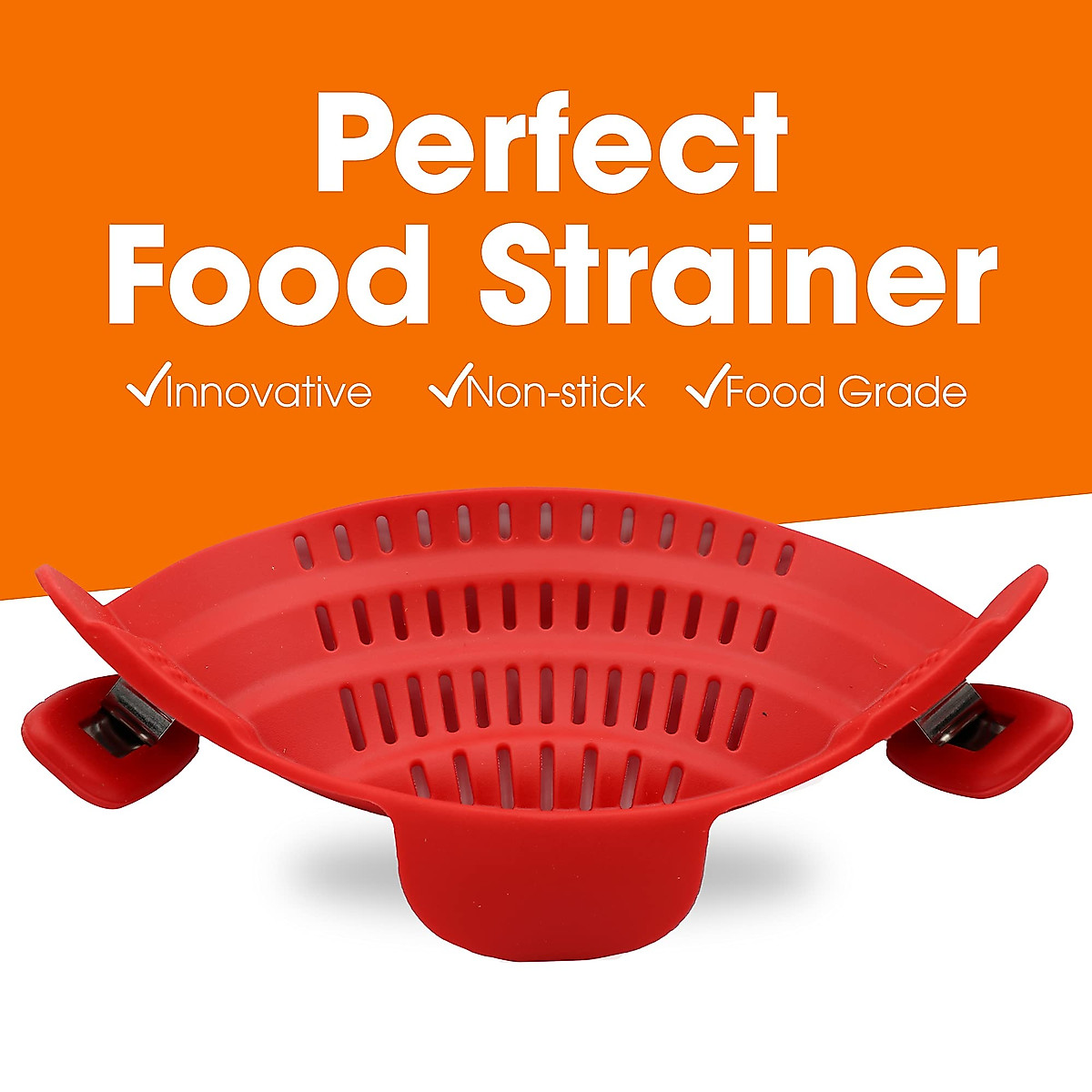 Cheer Collection Silicone Clip on Pot Strainer, Heat-resistant Snap-On Strainer for Pasta, Noodles, Rice, Meats and Vegetables, Red
