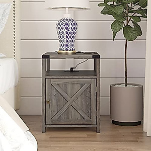 HOSEOKA Farmhouse Nightstand with Charging Station, Rustic End Table Bedroom with Storage Living Room Side Table Grey Night Stand Industrial Bedside Bed Table with USB Ports and Outlets