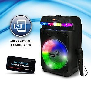 Singsation Portable Karaoke Machine, Two Microphones, 5.0 Bluetooth, 8" Driver Loudspeaker, Remote Control and LED Lights, Rechargeable, USB and Micro SD Music File Reader, AUX and FM for Party