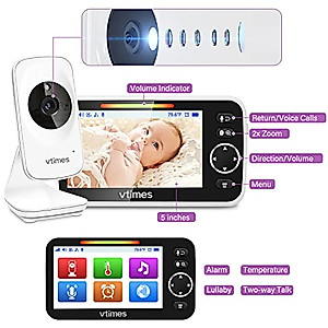 VTimes Baby Monitor Video Baby Monitor with Camera and Audio No WiFi 5" LCD Screen, Two-Way Audio, Night Vision,1000ft Range, 2X Zoom Temperature Display, Lullaby Elderly Pet