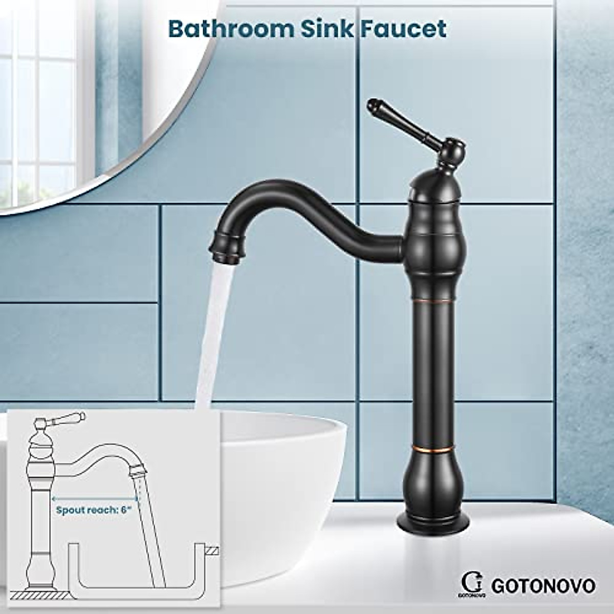 gotonovo Bathroom Vessel Sink Faucet Oil Rubbed Bronze with POP UP Drain Single Lever Handle 1 Hole Bowl Sink Mixer Tap Deck Mount Tall Spout Lavatory Vanity