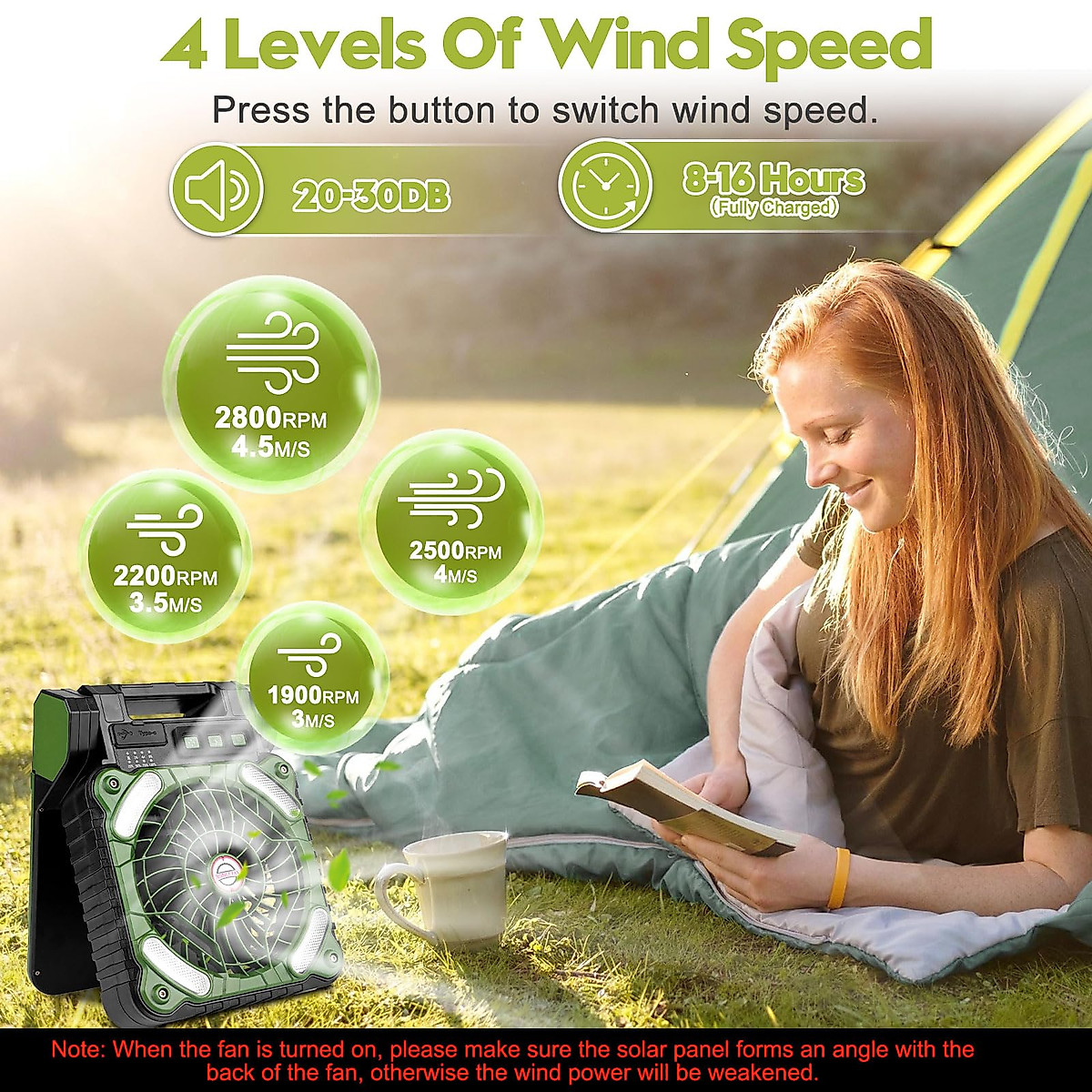 4 Speeds Solar Battery Operated Fan for Camping, 10000mAh Portable Rechargeable Desk Fan with LED Light & Timing Function, Folding USB Charger Port Camping Fan Power Bank for Home Office Car Outdoor