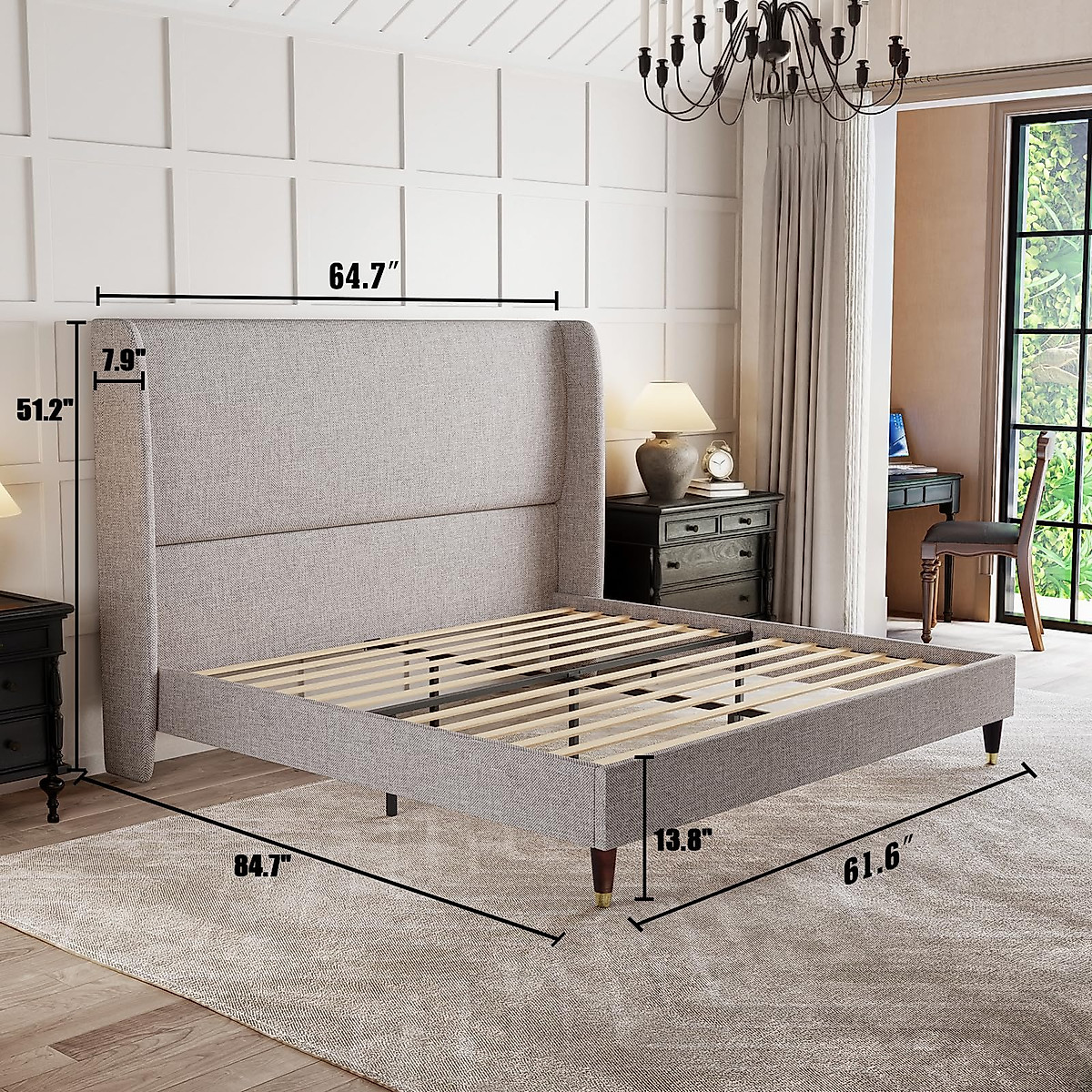 PaPaJet Queen Platform Bed Frame 51.2" High Headboard Linen Tall Upholstered Bed/No Box Spring Required/Wood Slat Support/Easy Assembly Light Grey