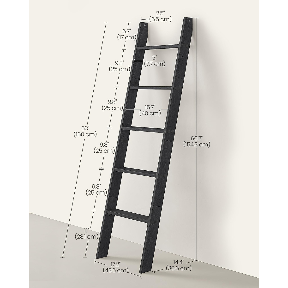 VASAGLE Blanket Ladder Decorative Farmhouse for The Living Room, 5-Tier Ladder Shelf, Ladder Rack for Storage and Decor, Ebony Black ULLS018B56