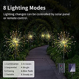 Tielreala Solar Firework Lights 4 Pack 480 LED Fireworks Solar Lights Outdoor with Remote,8 Lighting Modes DIY Solar Garden Lights for Garden Pathway Yard Decor Christmas (Warm White)