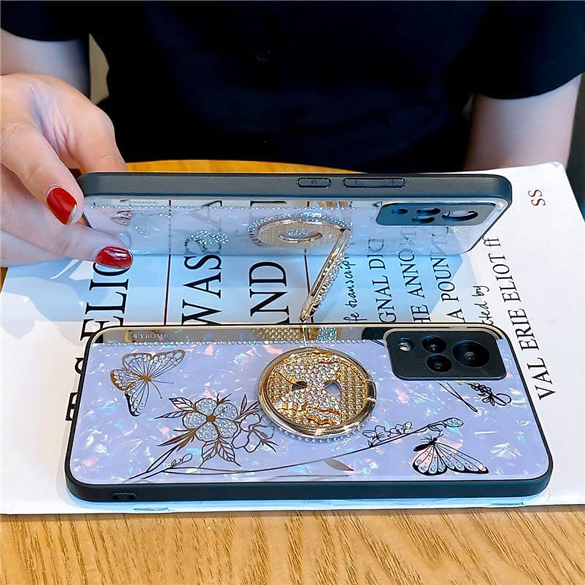 Topwin Galaxy A13 5G Kickstand Case, Cute Marble Conch Shell Floral Butterfly with Ring Stand Mirror Elegant Shockproof Protective Cover for Girls Women for Samsung A13 5G (Rose Gold)