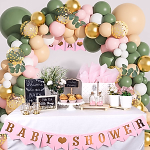 Amandir 166Pcs Sage Green Balloon Garland Arch Kit Olive Green Blush Peach White Gold Balloons Artificial Eucalyptus Stems Jungle Safari Baby Shower Birthday Party Baptism Decorations for Boys Girls