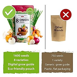 8 Onion Seeds for Planting - 1600 Heirloom Onion Seeds - Green Onion, Sweet Onions, Vidalia, Spanish, Yellow and Red Onion Vegetable Seeds for Planting and More