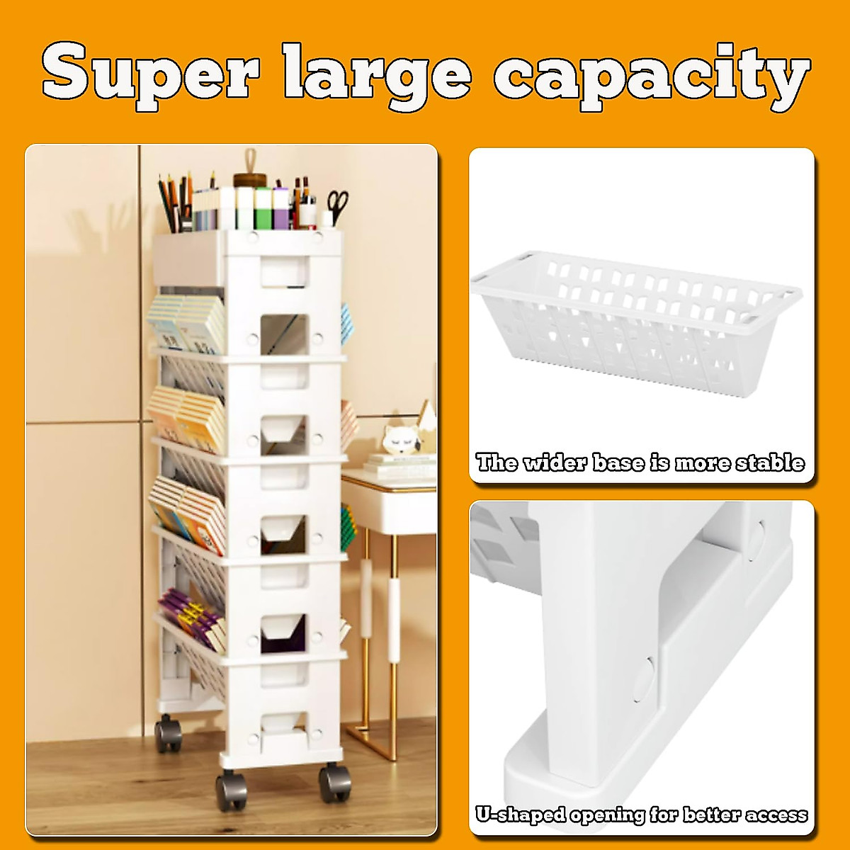 5 Tier Book Rack Storage Bookshelf, Movable Unique Bookcase, Large Capacity Utility Organizer White Bookshelves for Children Students Study in Bedroom Living Room Home School,White