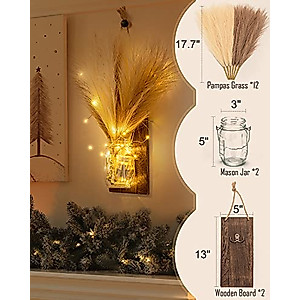Mason Jar Wall Decor with LED Lights, JACKYLED Rustic Mason Jar Sconces with 12 PCS Faux Pampas Grass, Wall Art Decor for Boho Home Decor, Farmhouse, Bedroom, Kitchen, Living Room Hallway Decorative