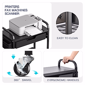 TOOLF 2 Tier Under Desk Mobile Printer Stand, Rolling Printer Cart with Storage Bag Drawer Desktop Organizer Utility Cart for Home Office Multi Purpose Fax Shelf with Caster Wheel - Black