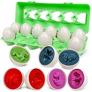 Skrtuan Dinosaur Matching Eggs 12 Pcs, Learning Dinosaur Easter Toys Gift for Toddler 1 2 3 Year Old, Montessori Educational Preschool Game, Color Shape Recognition Fine Motor Skill Fun Set for Boys