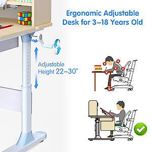 FCD Wood Adjustable Height Kids Study Desk with Chair Drafting Table Computer Station Built-in Bookshelf Hutch Multi Function (Blue, Desk and Chair)