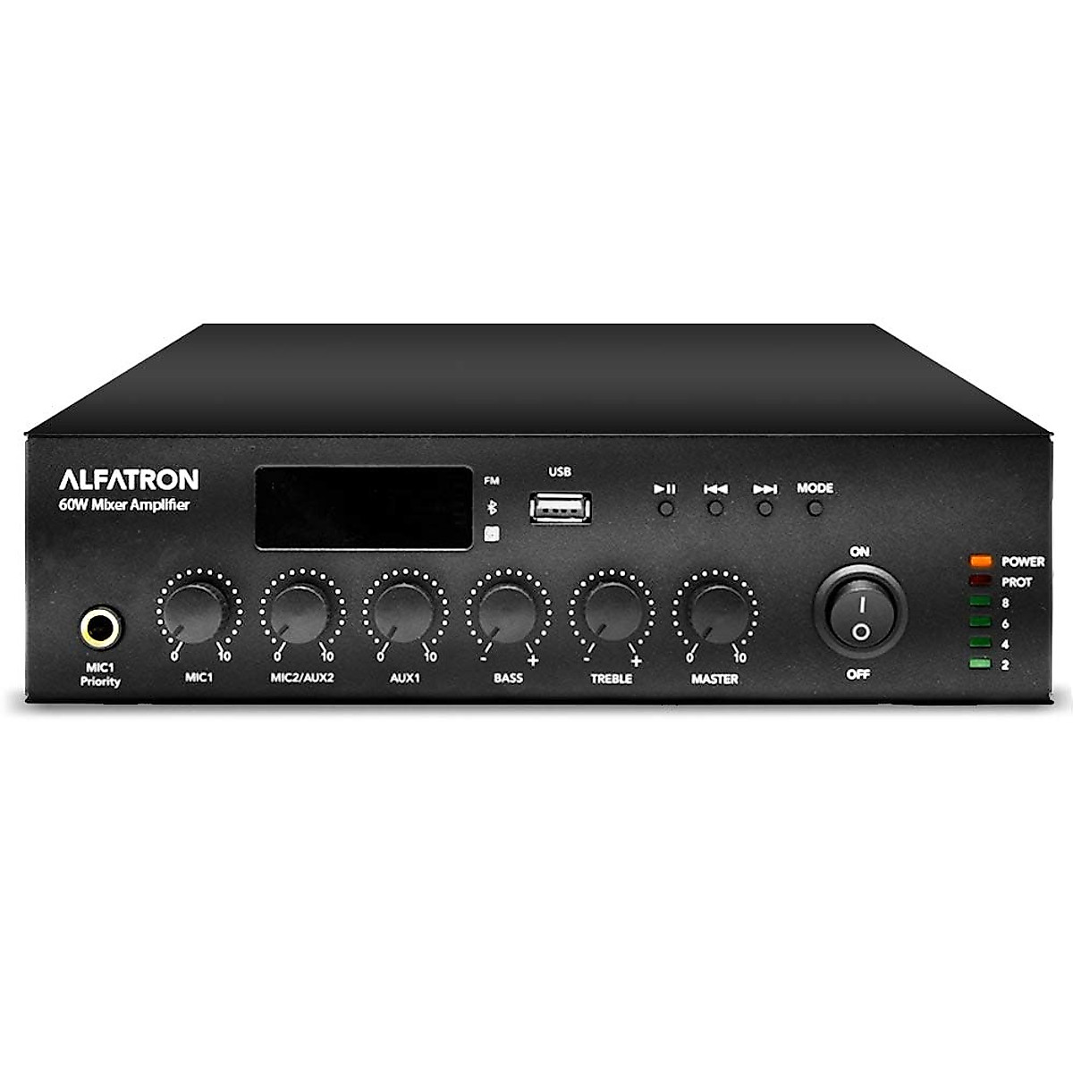 Alfatron 60W-UB Compact Mixer Amplifier with Bluetooth, On Board Tuner, Built-in USB MP3 Player, & Front Panel Mic Input, 60W at 70/100V, Perfect for Classrooms & Shops