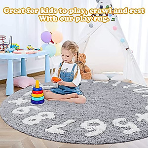 Round Rug 4Ft Math Circle Rug Soft Kids Rug Washable Area Rug Non-Slip Handwoven Tufted Cotton Grey White Rug Floor Play Mat Baby Carpet Nursery Rug for Kids Room Bedroom Playroom Bathroom Decor Gift