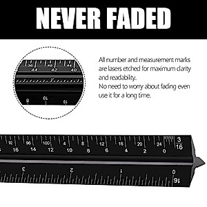12"Architectural Scale Ruler, Aluminum Scale, Triangular Ruler, Scale Ruler for Blueprint Imperial Measurements for Architects Engineering Artists, Draftsman Drawing, Laser-Etched Markings.(Black)
