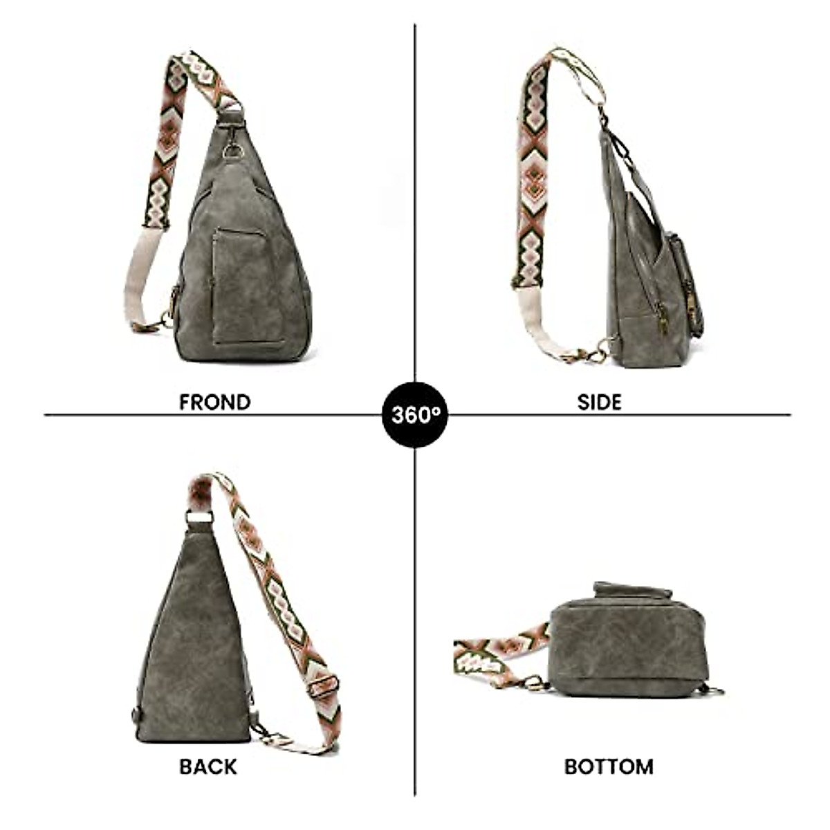 Flovey Sling Bag for Women Small PU Leather Crossbody Fanny Packs with Jacquard Wide Strap Hiking Cycling Travel Daypack