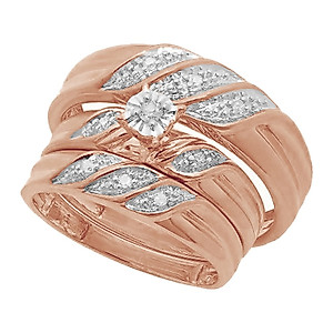 Jewel Zone US White Natural Diamond Engagement & Wedding Trio Band Ring Set in 14k Rose Gold Over Sterling Silver (0.1 Carat)