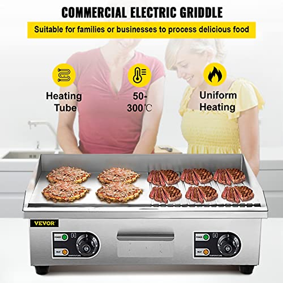 VEVOR 29" Commercial Electric Griddle,Electric Countertop Flat Top Griddle 220V 3000W Half Grooved/Flat,Non-Stick Restaurant Teppanyaki Stainless Steel Grill,Temperature Control 122°F-572°F.