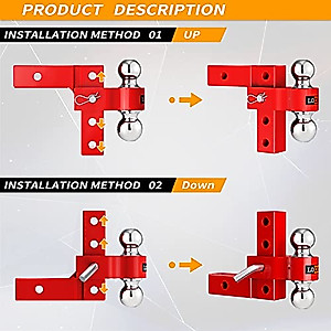 LOCAME Adjustable Trailer Hitch, Fits 2-Inch Receiver Only, 6-Inch Drop/Rise Aluminum Drop Hitch, Tow Hitch for Heavy Duty Truck with Double Stainless Steel Pins, Red, LC0001