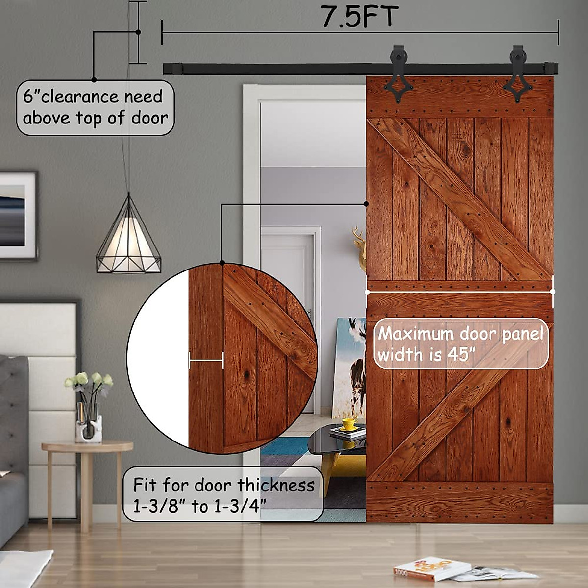 7.5FT Sliding Barn Door Hardware Kit Heavy Duty Sturdy Rustic Rhombus Shape Hanger Barn Door Track Set for Single 45" Wide Door Garage Closet