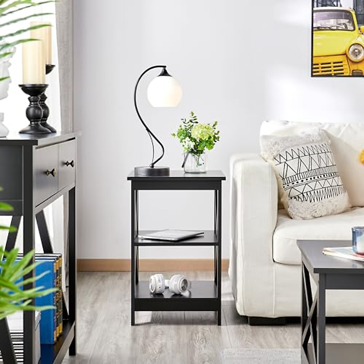 Yaheetech Black End Table Set of 2, 16x16x24 in Sturdy 3-Tier Side Tables with Storage Shelf & Solid Wood Legs, 2Pcs X-Design Modern Sofa Side Table for Living Room Office, Easy Assembly