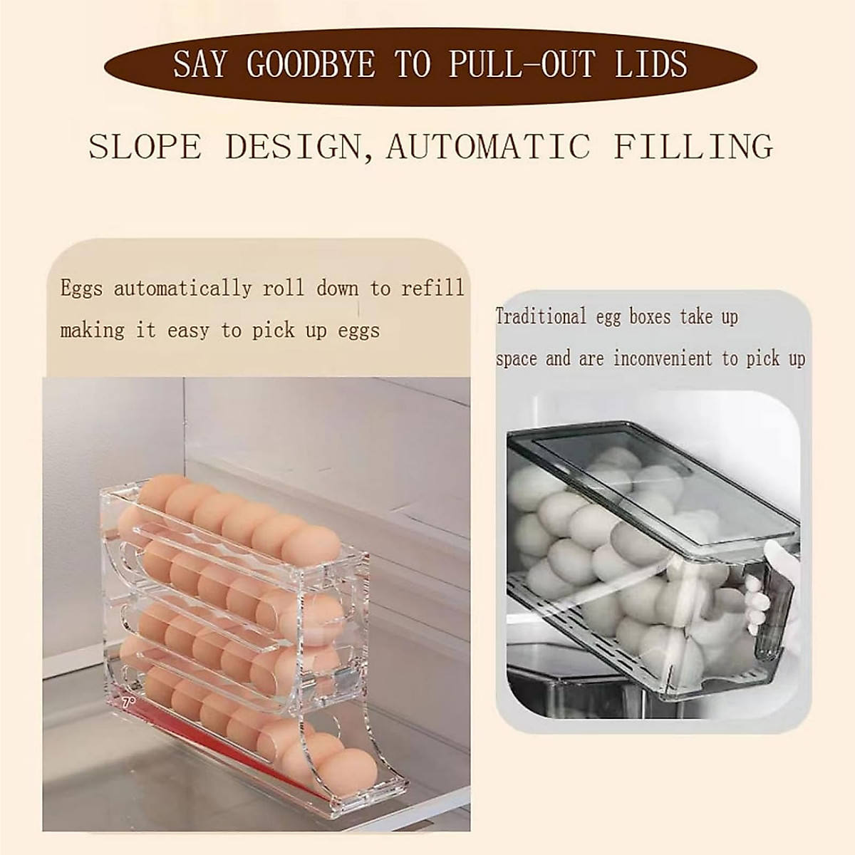 Lshnrd 4 Tiers Egg Holder for Fridge,Auto Rolling Egg Fridge Organizer,Space-Saving Egg Dispenser Holder for Refrigerator,Large Capacity Egg Storage Rack(Transparent)