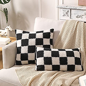 Fluffy Cesthetic Throw Pillow Covers Pack of 2 Cute Decorative Pillows Checkerboard Pattern Cushion Case Super Soft Faux Fur Wool Pillowcases for Couch Bedroom 16"*16" Black and White