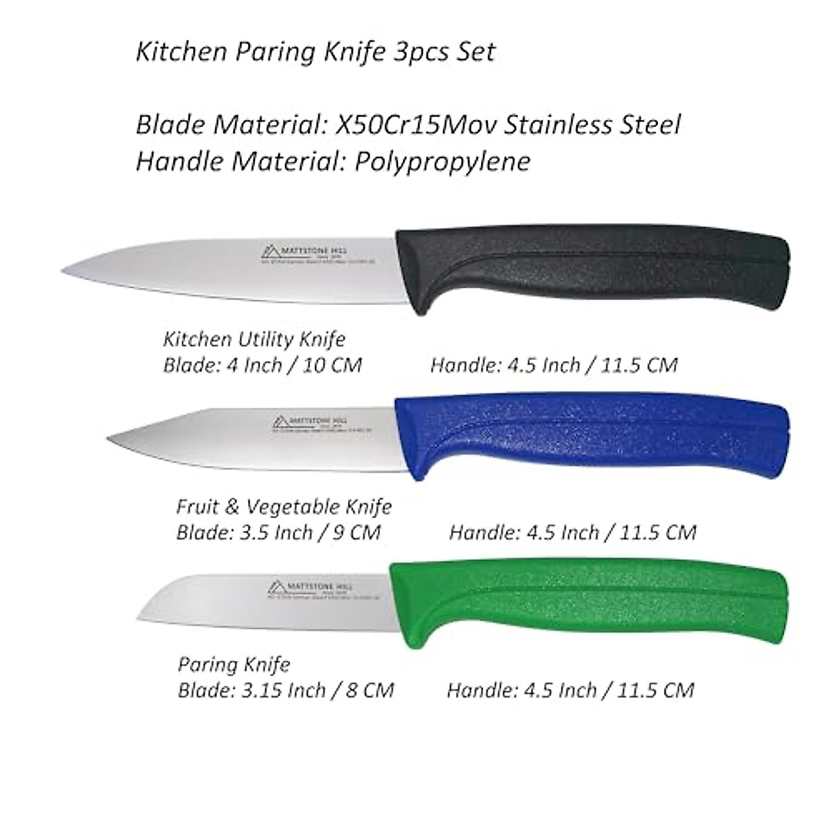 Paring Knife Set, MATTSTONE HILL Kitchen Knife Set - Fruit & Vegetable Knives, Premium Stainless Steel Vegetable Knife, Black, Blue, Green
