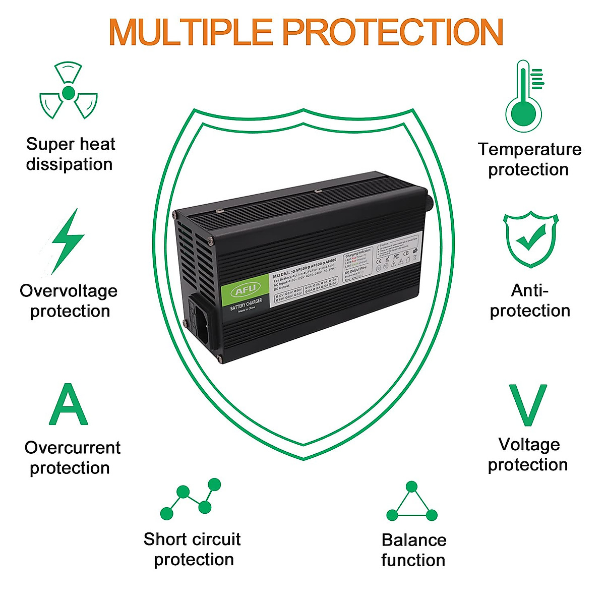 AFU 67.2V 8A Charger 60V Li-ion Battery Smart Charger Black Aluminum Case with Cooling Fan Output GX16 1+3- Plug/GX16 1+2- Plug for 16S 60V Li-ion Battery