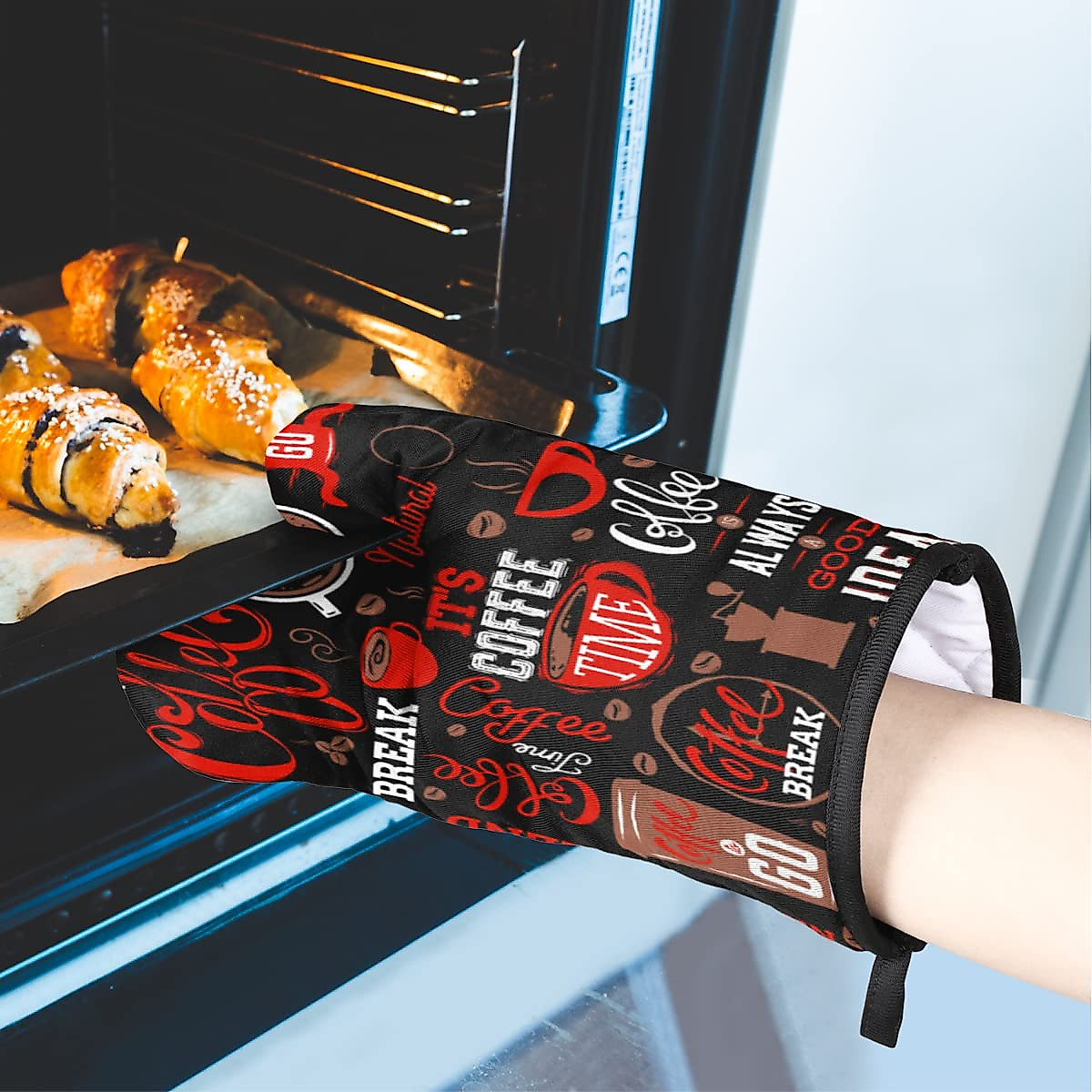 QsirBC Coffee Theme Oven Mitts Kitchen Oven Gloves for Cooking Baking Heat Resistant Lining Cotton Potholder Pot Holders Hot Pads for Chef Women Men