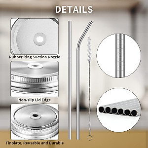 26 PCS Regular Mouth Mason Jar Lids with Straw Hole - 70MM Canning Lids Drinking Jar Lids Tinplate Jar Lids Silver Canning Jar Caps with Silicone Ring/Straws/Cleaning Brush for Drinking Food Storage