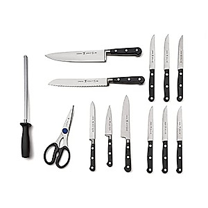 HENCKELS Couteau 14-pc Knife Block Set | 6 Steak Knives, Paring Knife, Serrated Utility Knife, Prep Knife, Bread Knife, Chef’s Knife, Sharpening Steel & Kitchen Shears