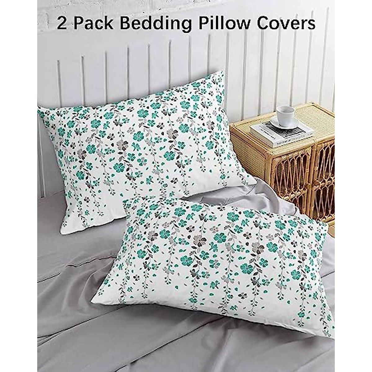 Edwiinsa Weeping Flowers Pillow Covers Standard Size Set of 2 20x26 Bed Pillow, Teal Grey Summer Spring Floral Botanical Art Plush Soft Comfort for Hair/Skin Cooling Pillowcases with Envelop Closure