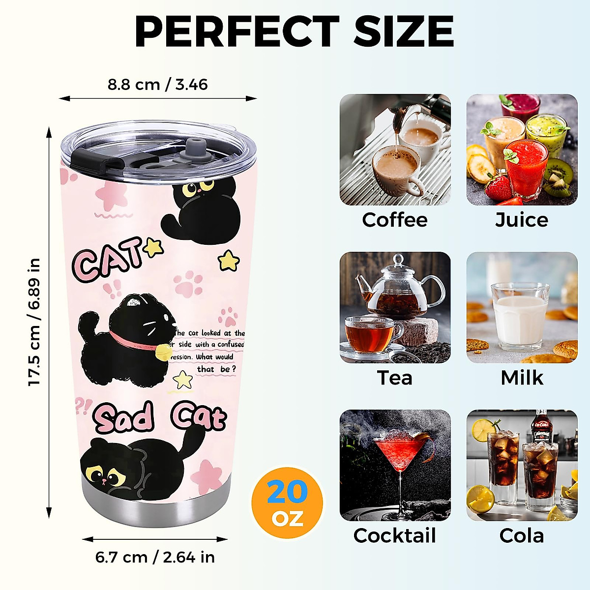 LATTPLYN Cat Tumbler for Women Men, 20 oz Stainless Steel Cat Coffee Cups with Lid Christmas Birthday Gift for Travel Mug White Tumbler for Girls