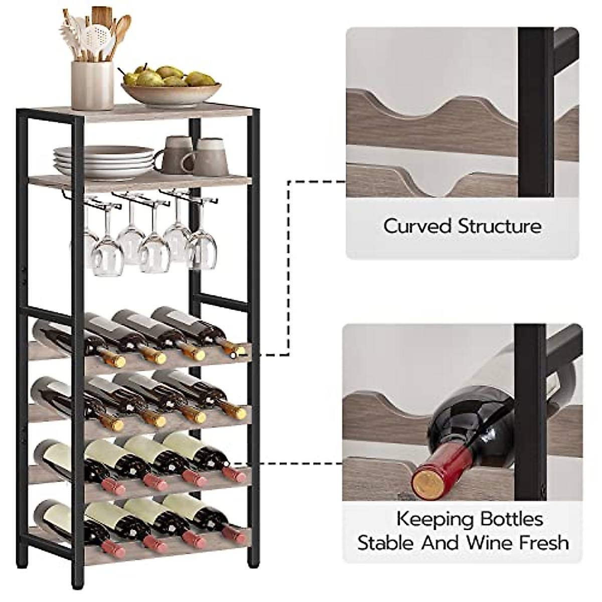 HOOBRO Freestanding Wine Rack, 16-Bottle Wine Storage Rack with Tabletop and Glass Holder, 6-Tier Bar Rack, for Kitchen, Bar, Dining Room, Greige and Black BG04JJ01