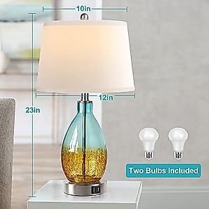 Table Lamps Set of 2, Modern Ombre Blue Glass Touch Control Bedroom Nightstand Lamp for Living Room with USB Ports, Coastal 3-Way Dimmable Bedside Table Lamp with White Shade (LED Bulbs Included)
