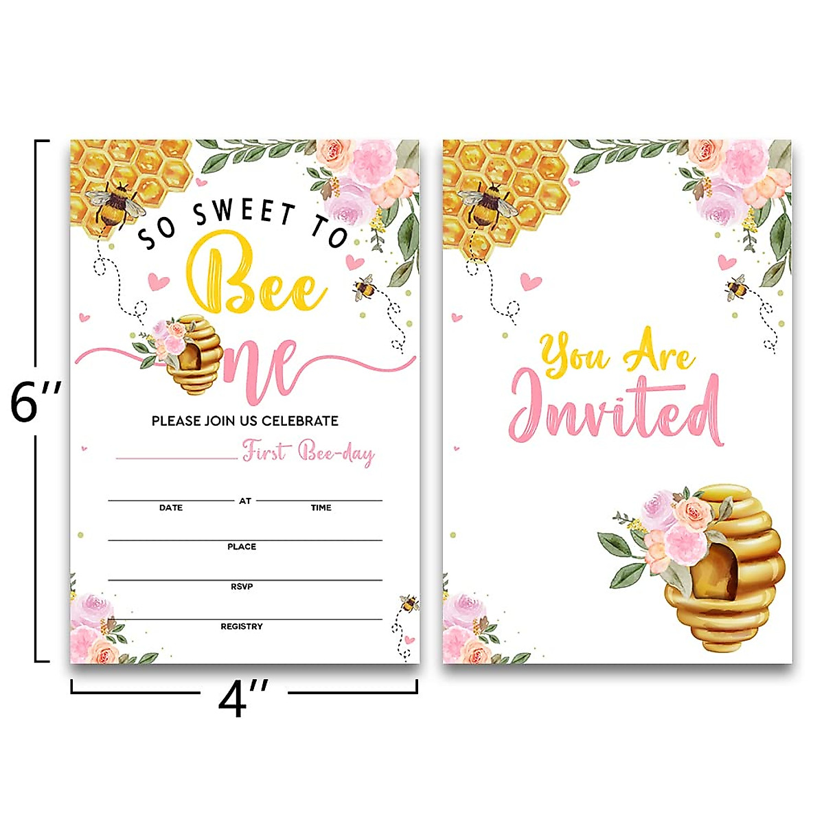 Grace Yonks So Sweet To Bee One Party Bee-Day 1st Birthday Invitation, 20 Invitations and Envelopes, Birthday party Invitations, Birthday Party Supplies.(042-1)