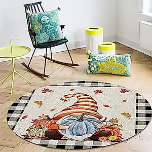 Thanksgiving Plaid Round Area Rug 3ft,Washable Outdoor Indoor Carpet Runner Rug for Bedroom,Kitchen,Living Room,Office,Area+Rug Small Bath Door Desk Floor Mat Buffalo Check Gnome Pumpkins Black Beige