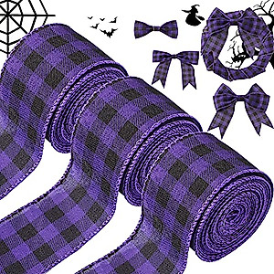3 Rolls 15 Yards 2 Inches Halloween Plaid Wired Ribbons Buffalo Check Ribbon Fall Rustic Craft Ribbon Assorted Burlap Style Fabric Wrapping Ribbon for Decorations (Black, Purple Plaid)