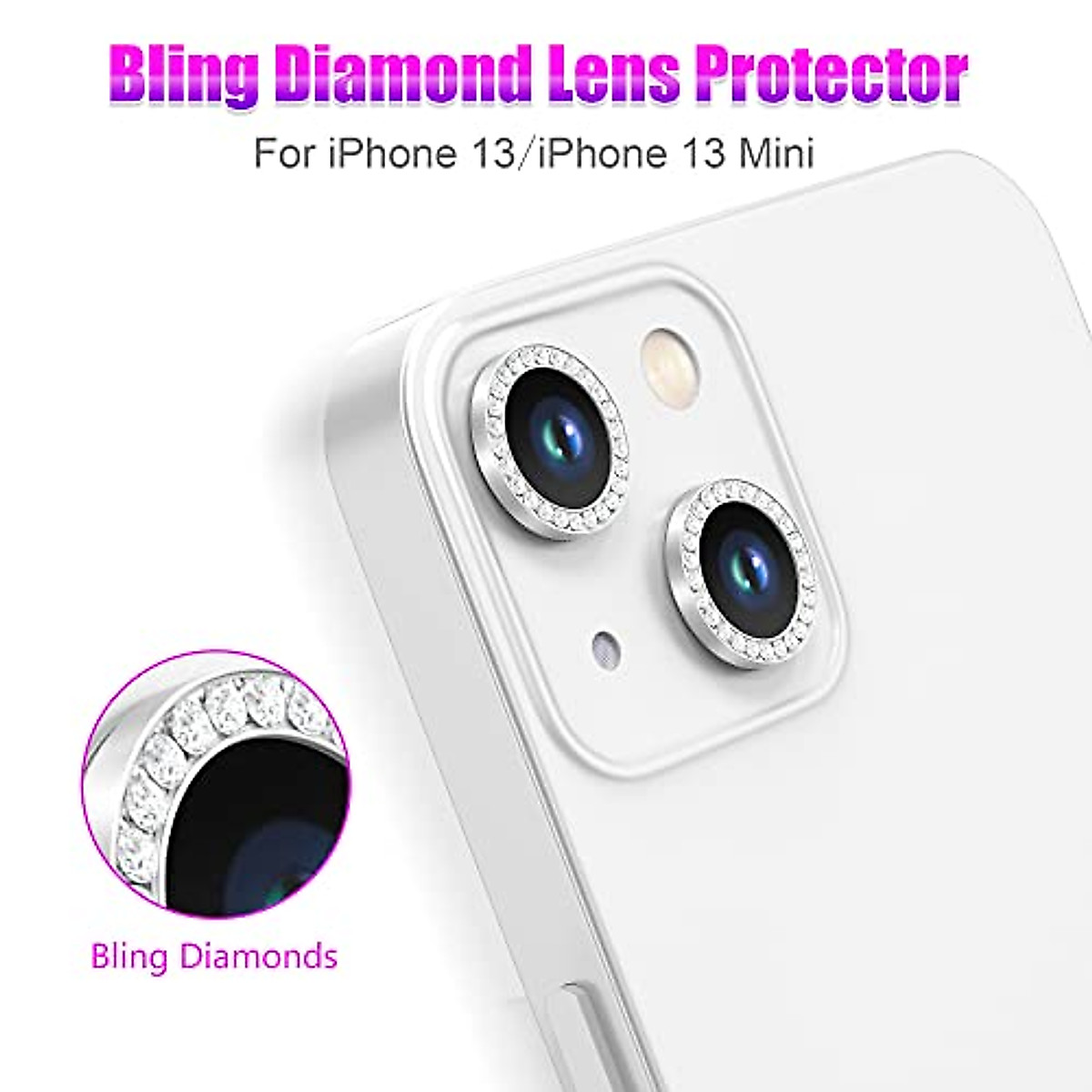 AGVEE 3+3 6 Pack for iPhone 13 6.1 inch / 13 Mini 5.4 inch Camera Lens Protector, Bling Diamond & Bling Glitter Metal Ring 9H Tempered HD Glass Camera Screen Protector Cover Film, Silver