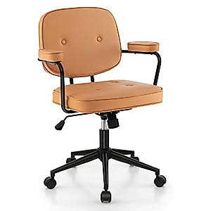 Giantex Mid Century Leather Office Chair Orange, Height Adjustable Desk Chair with Rocking Backrest & Padded Armrest, Upholstered Swivel Leisure Task Chair, Modern Rolling Chair for Home Office