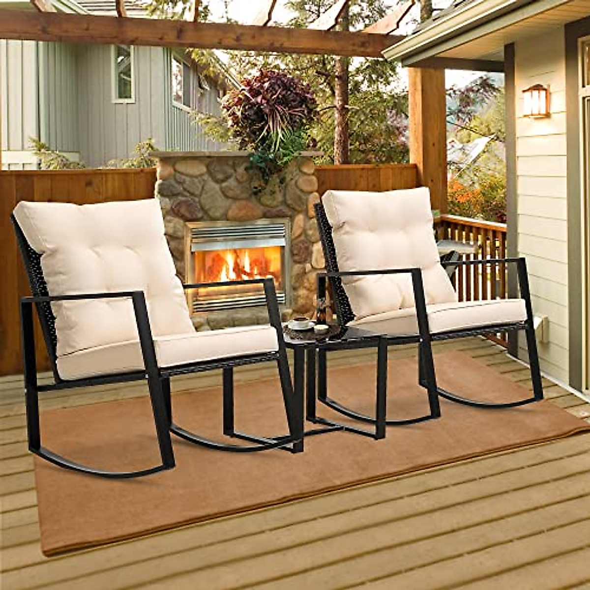 IJIALIFE 3 Piece Rocking Bistro Set, Patio Wicker Rocking Chair, Outdoor Rattan Rocker Chair with Glass Coffee Table, Wicker Rocker Chair for Garden, Porch, Backyard (Beige)