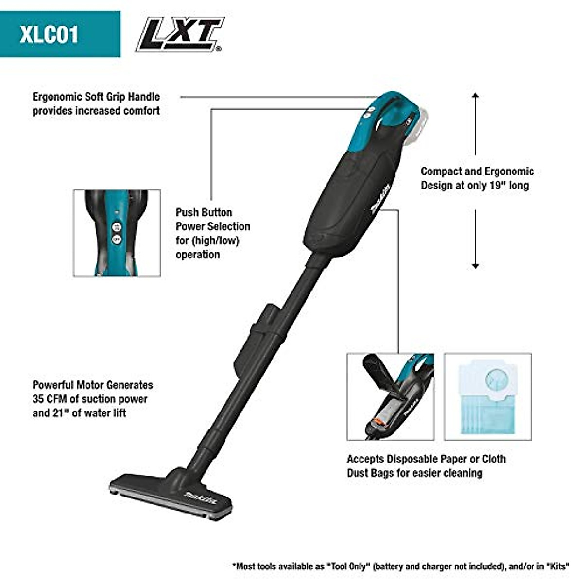 Makita XLC01ZB 18V LXT Lithium-Ion Cordless Vacuum, Tool Only
