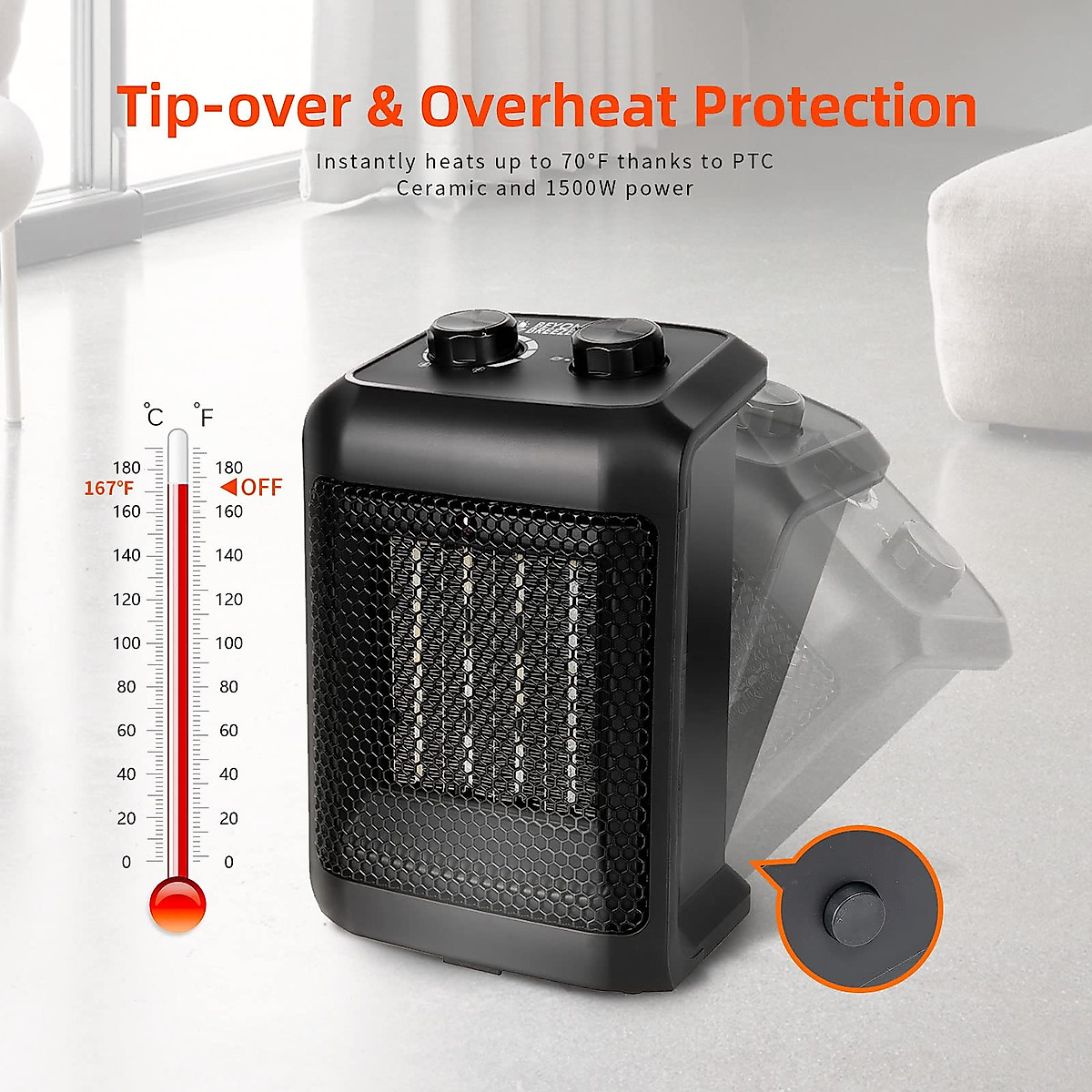 BEYOND BREEZE Space Heater, 1500-Watt Ceramic Portable Electric Heater, Small Heater with Tip-Over Switch, Overheat Protection, Adjustable Thermostat, Quiet and Safe for Indoor Use Office Bedroom