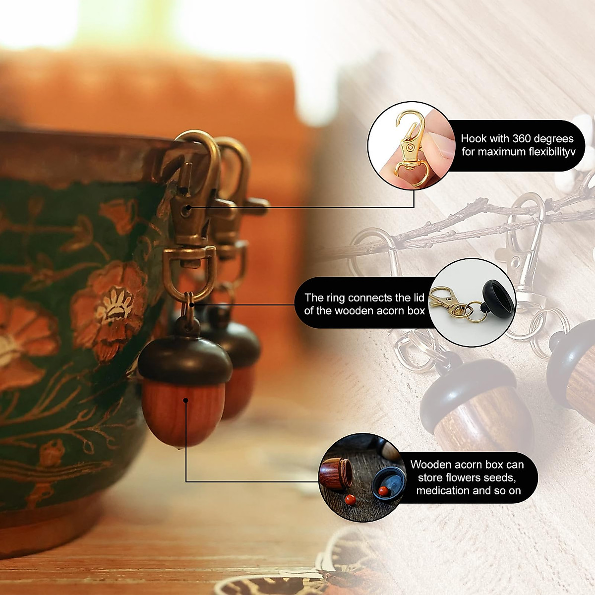 CGYGP Acorn Keychain, Wooden Acorn Canister,Fall acorn Locket Wood Acorn Nut Keepsake Pendant gift for men women