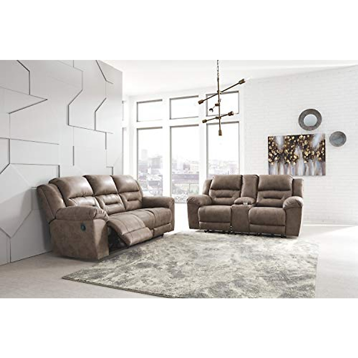 Signature Design by Ashley Stoneland Faux Leather Manual Pull Tab Reclining Sofa, Light Brown